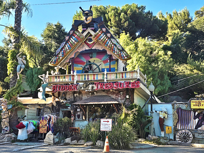From another angle, the shop reveals its full whimsical glory&mdash;part pirate ship, part carnival, all magic against the lush Topanga hillside.