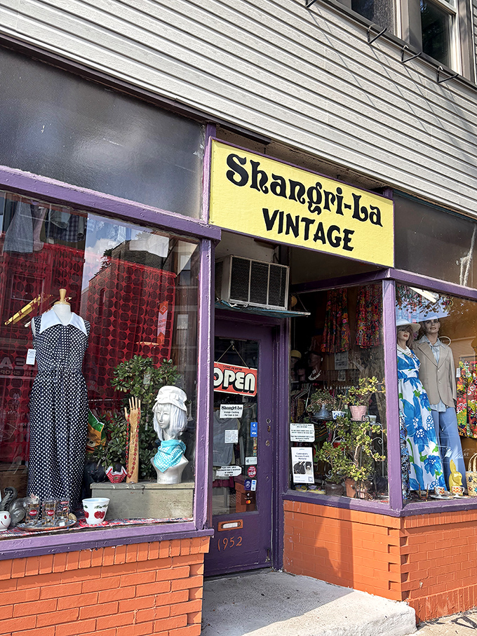 The cheerful yellow sign and vibrant window displays of Shangri-La Vintage beckon fashion explorers like a retro lighthouse in Roscoe Village's sea of modern retail.
