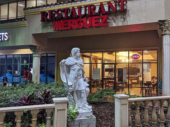 The Mediterranean-inspired fa&ccedil;ade of Merguez Restaurant stands out in Orlando like a delicious mirage, complete with classical columns and a welcoming stone balustrade.