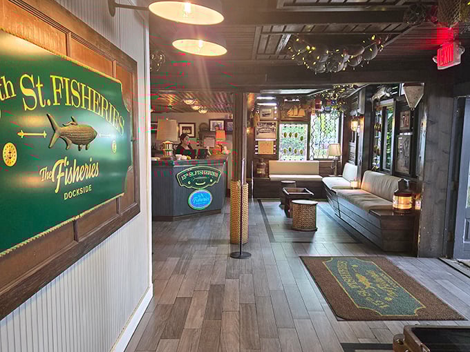The entrance to 15th Street Fisheries feels like stepping onto a luxury fishing vessel that happens to serve incredible seafood. Maritime charm at its finest!