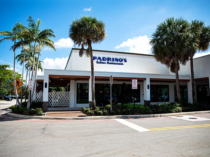Palm trees stand guard like tropical sentinels outside Padrino's white exterior, the blue sign promising Cuban culinary adventures within.