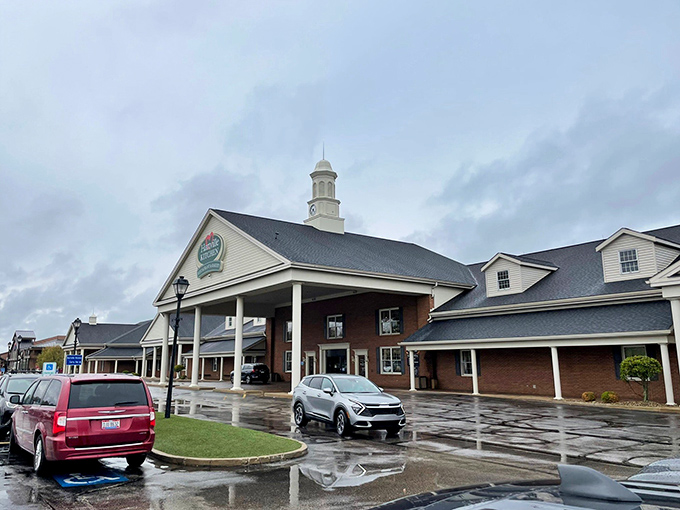 The stately exterior of Hartville Kitchen welcomes hungry travelers with its distinctive cupola and covered entrance&mdash;Americana architecture at its most appetizing.