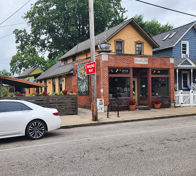 The unassuming brick facade of Lucky's Cafe hides culinary treasures within, like finding a Michelin-worthy meal in your grandmother's kitchen.