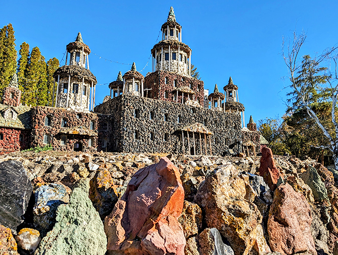 Like a stone-crafted fever dream rising from the high desert, this multi-tiered castle showcases the magnificent obsession that makes Petersen Rock Garden so captivating.
