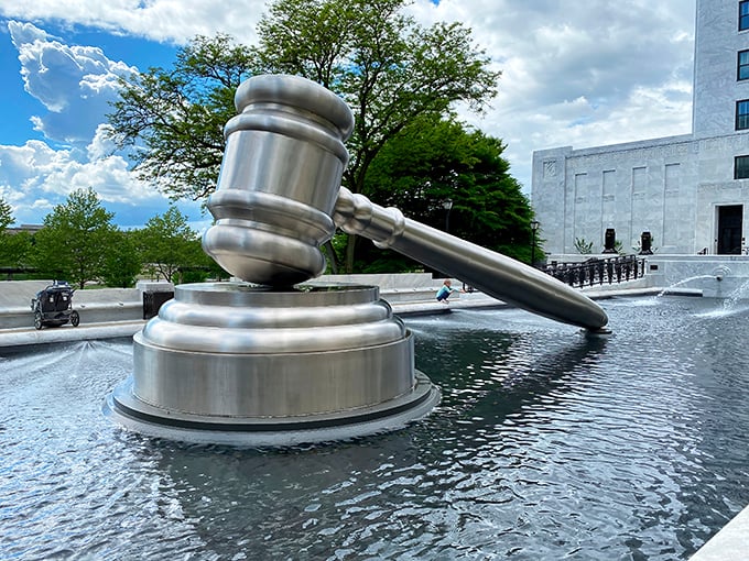 Justice gets supersized! The World's Largest Gavel gleams majestically in its reflecting pool, making even the most serious legal eagles crack a smile.