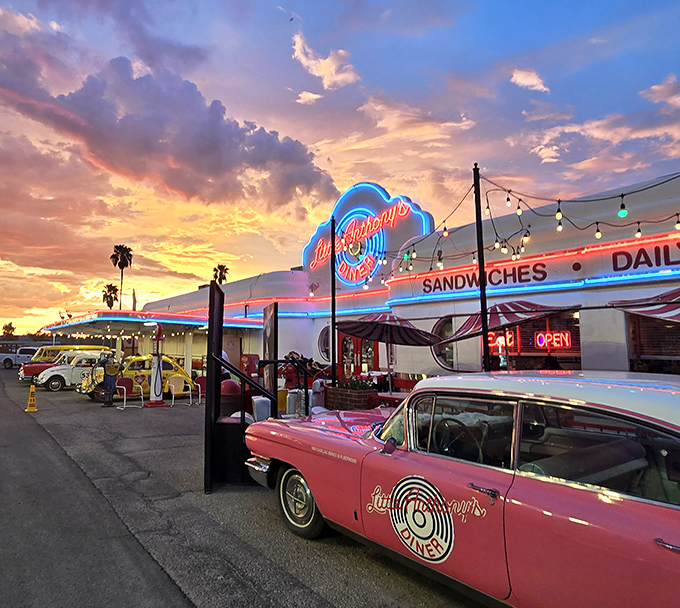 Sunset magic at Little Anthony's Diner, where that pink Cadillac isn't just decoration&mdash;it's a time machine with whitewalls and chrome.