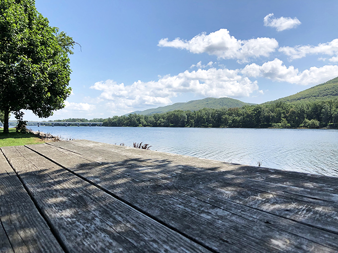The wooden dock stretches toward infinity, inviting you to dangle your feet in the Susquehanna's cool waters while mountains stand guard in the distance.