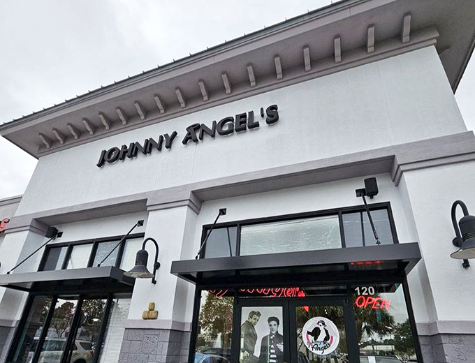 Johnny Angel's exterior stands like a beacon of breakfast hope, its clean white fa&ccedil;ade promising retro delights within those Jacksonville walls.