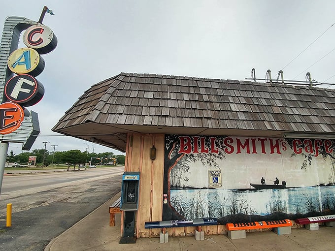 The iconic mural outside Bill Smith's Cafe tells you everything you need to know&mdash;this place values fishing, food, and small-town charm equally.