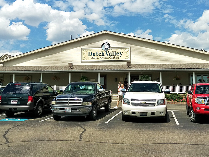 The unassuming exterior of Dutch Valley Restaurant&mdash;where calories don't count and elastic waistbands are highly recommended.