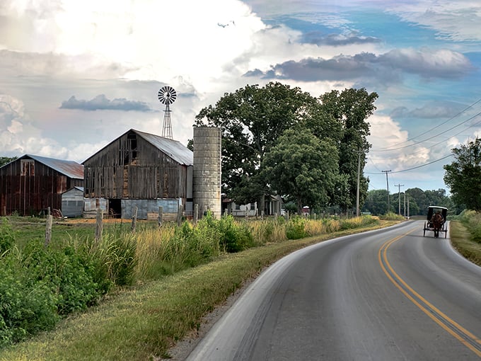 Rolling hills and weathered barns create a postcard-perfect scene where time moves at horse speed.