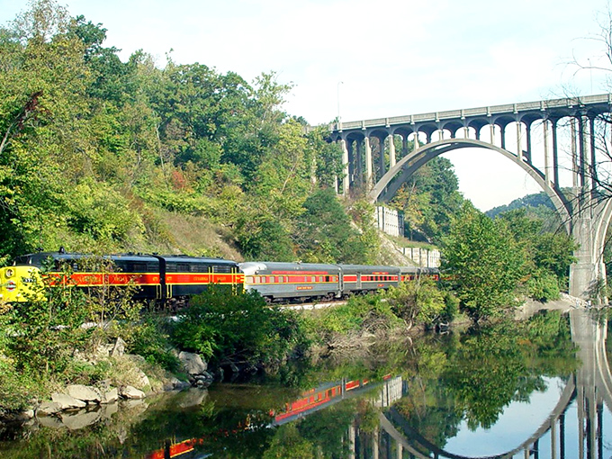 Nature's perfect frame! The iconic yellow and red locomotive glides beneath a towering bridge, creating mirror reflections in the calm waters below.