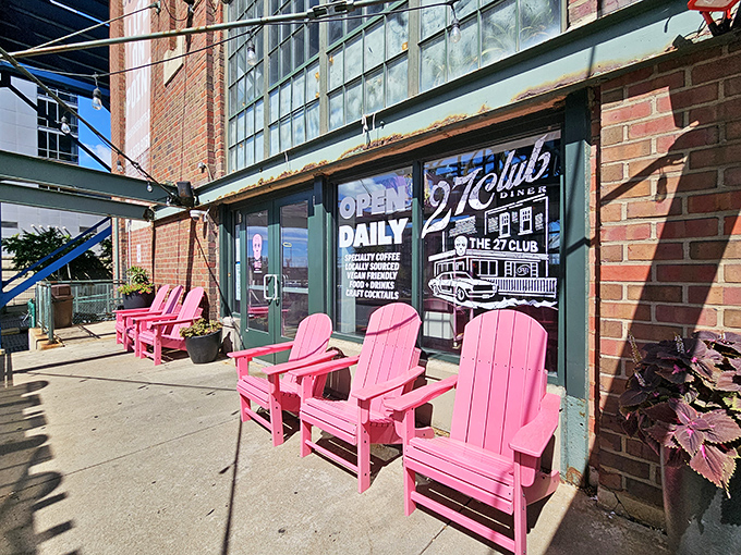 Those pink Adirondack chairs aren't just seating&mdash;they're an invitation to slow down and savor Cleveland's evolving cityscape with coffee in hand.
