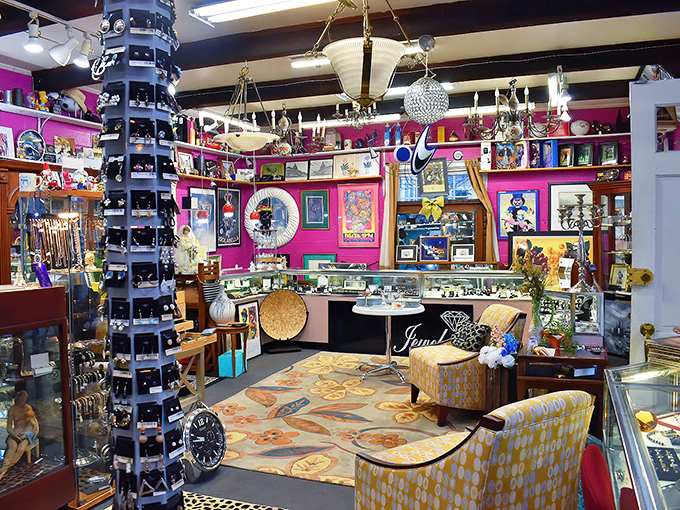 Step into a wonderland of treasures where vibrant pink walls set the stage for discoveries that await around every corner.