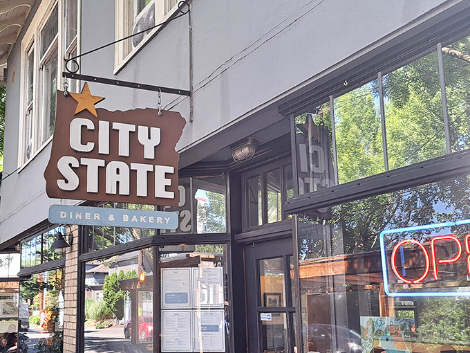 The iconic City State sign beckons hungry Portlanders like a breakfast lighthouse. Yellow brick and weathered wood create that perfect blend of hip and homey.