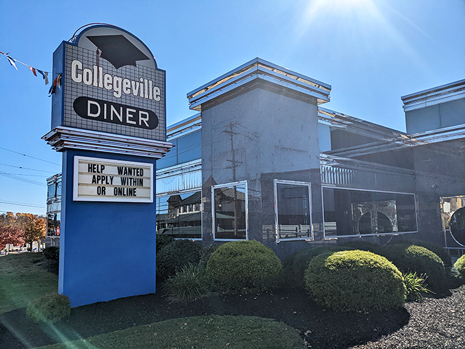 The iconic blue-trimmed exterior of Collegeville Diner stands as a beacon for hungry travelers. This Pennsylvania landmark promises comfort food that feels like a homecoming.