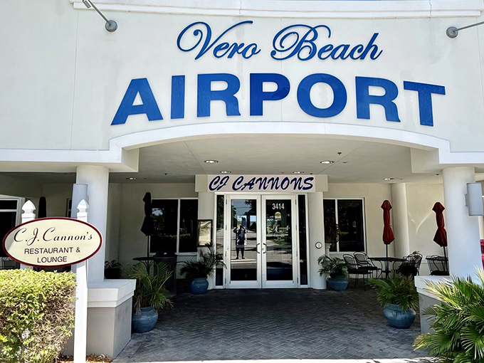 Where aviation meets appetite! C.J. Cannon's welcomes diners under the iconic Vero Beach Airport sign, promising a meal with a view.
