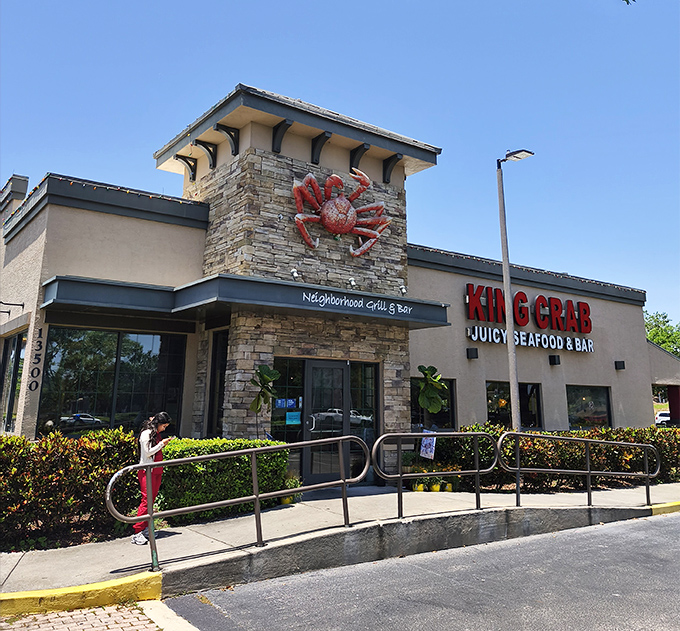 The giant red crab clinging to the stone facade isn't just decoration&mdash;it's a siren call to seafood lovers everywhere.