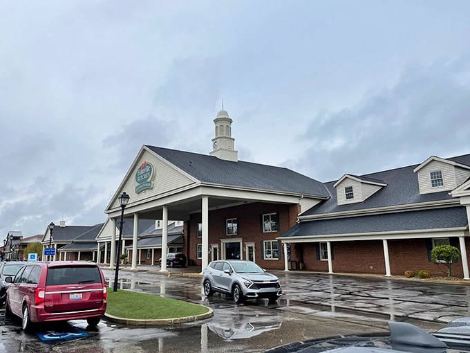 The stately exterior of Hartville Kitchen welcomes hungry travelers with its distinctive cupola and covered entrance&mdash;Americana architecture at its most appetizing.