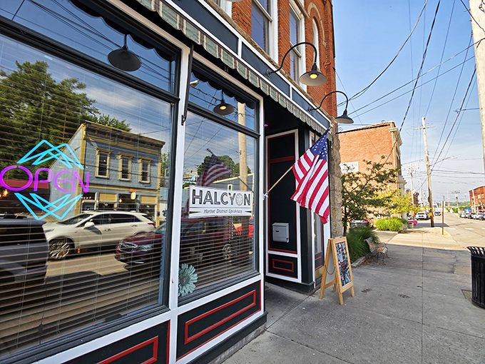 Harbor Halcyon's historic brick fa&ccedil;ade stands proudly on Ashtabula's Bridge Street, where an American flag waves welcome to hungry visitors seeking culinary refuge.