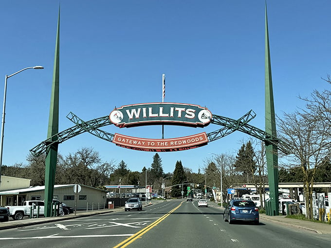 The iconic Willits arch welcomes visitors as the "Gateway to the Redwoods," a promise the town and surrounding nature keep beautifully.