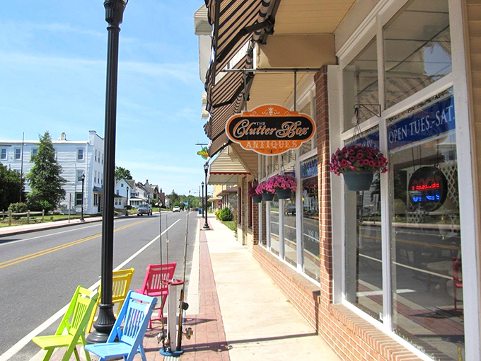 Colorful chairs invite passersby to pause outside Center Ice Antiques, where small-town charm meets retail therapy on Harrington's sunny main drag.