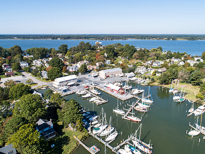 From above, Oxford's marina resembles a nautical chess board where sailboats and yachts wait patiently for their next adventure on the Chesapeake.