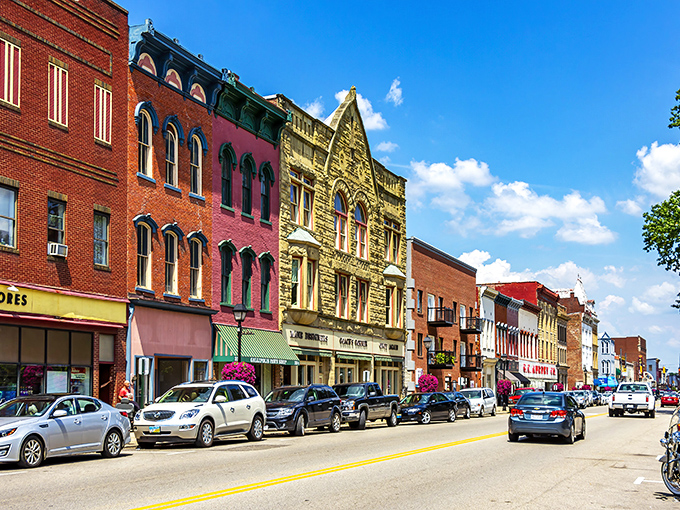 Historic storefronts along Second Avenue showcase Gallipolis' preserved architectural charm, where the iconic G.C. Murphy Co. sign stands as a nostalgic sentinel of simpler times.