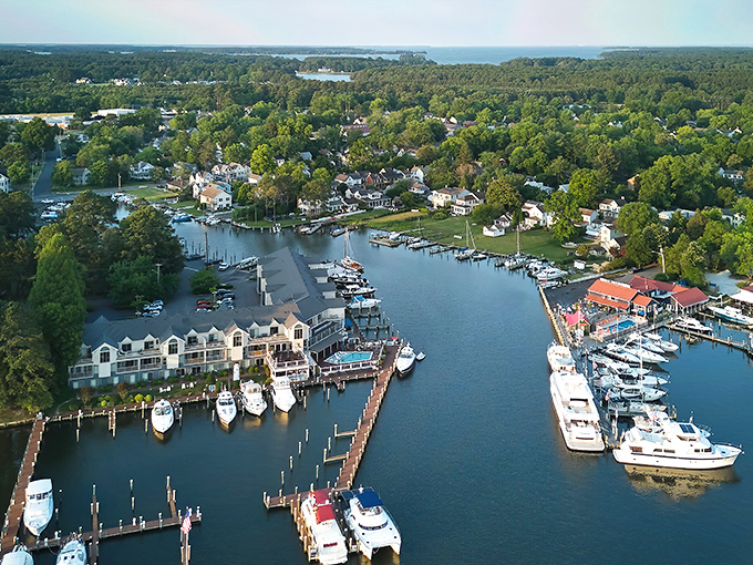 From above, St. Michaels reveals its true character&mdash;a perfect jigsaw puzzle of boats, water, and colonial charm that somehow fits together flawlessly.