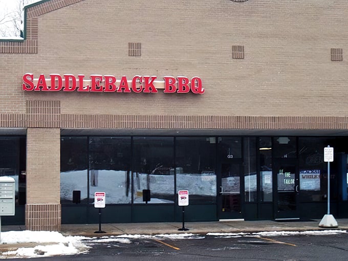 The unassuming exterior of Saddleback BBQ in Okemos hides a smoky paradise within. Sometimes the best treasures come in strip mall packages.