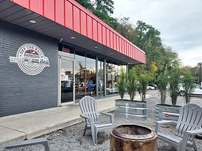 The bright red awning of Off the Rails isn't just eye-catching&mdash;it's nature's way of signaling "seriously good barbecue ahead," like a cardinal leading you to deliciousness.