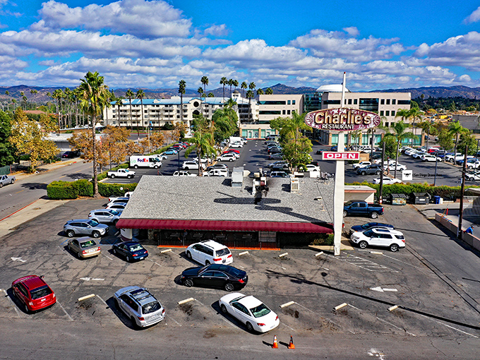 From this aerial view, you can see why Charlie's has become an Escondido landmark. That tall sign has guided hungry travelers for generations.