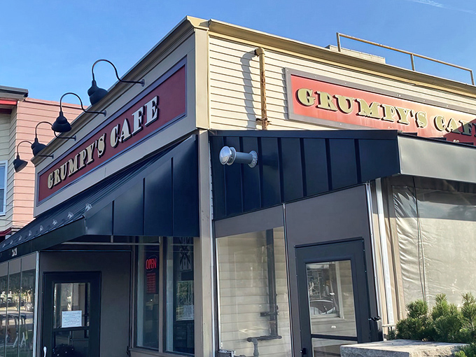 The corner spot where breakfast dreams come true! Grumpy's bold red signage promises a meal worth getting out of bed for in Cleveland's Tremont neighborhood.
