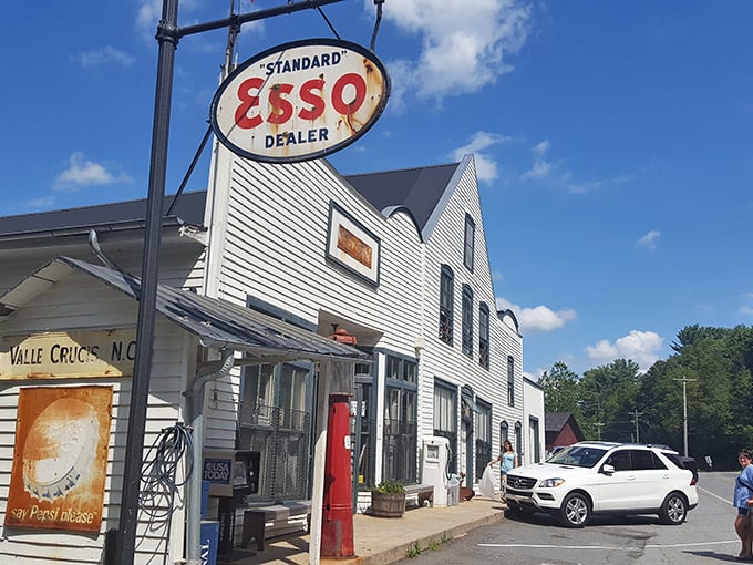 The iconic white clapboard exterior of Mast General Store stands proudly against Carolina blue skies, beckoning visitors like a Norman Rockwell painting come to life.