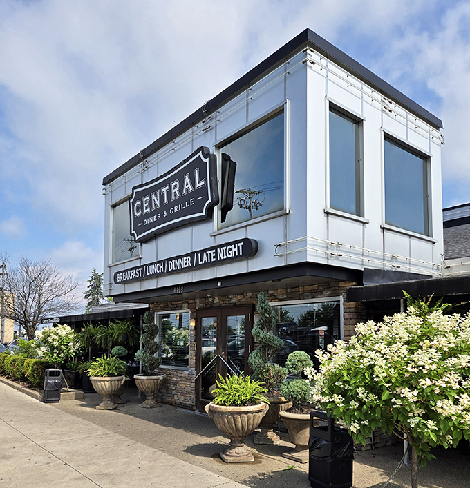 The gleaming white exterior of Central Diner & Grille stands like a culinary lighthouse, beckoning hungry travelers with promises of comfort food paradise.