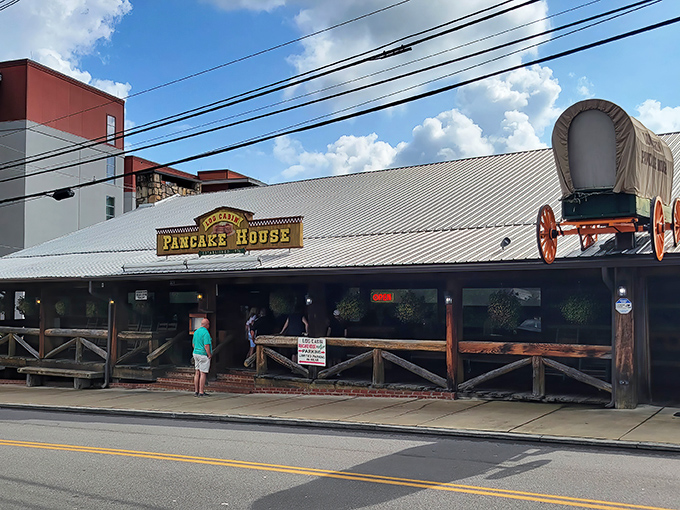 The quintessential Smoky Mountain welcome! Log Cabin Pancake House stands proudly on Airport Road, its rustic exterior promising comfort food that'll make your soul sing.