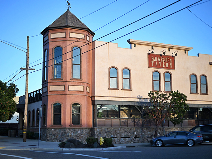 The Far Western Tavern stands proudly in Orcutt, its distinctive turret and Spanish-influenced architecture promising culinary adventures within. A California landmark that means business.