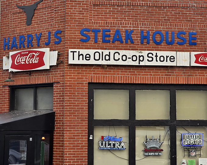 Blue letters against brick announce your arrival at meat nirvana. The "Old Co-op Store" sign is like a time machine to simpler, tastier times.
