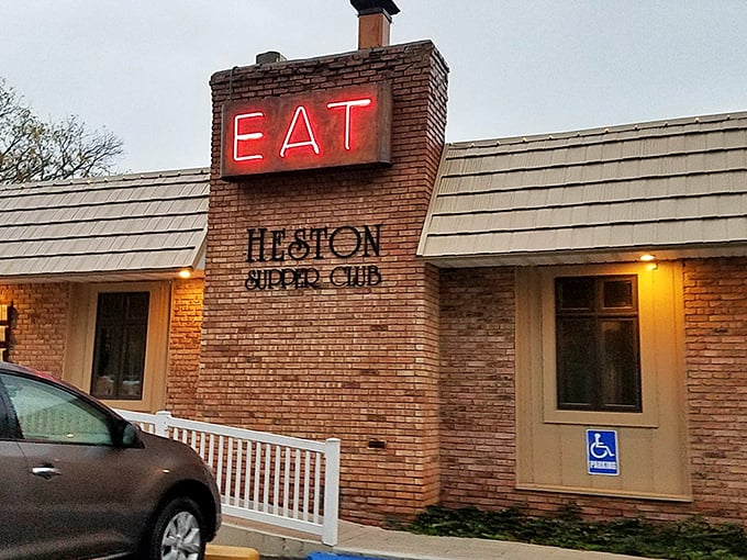 The unassuming exterior of Heston Supper Club stands like a culinary sentinel on Indiana's State Road 39, promising Midwest magic within.