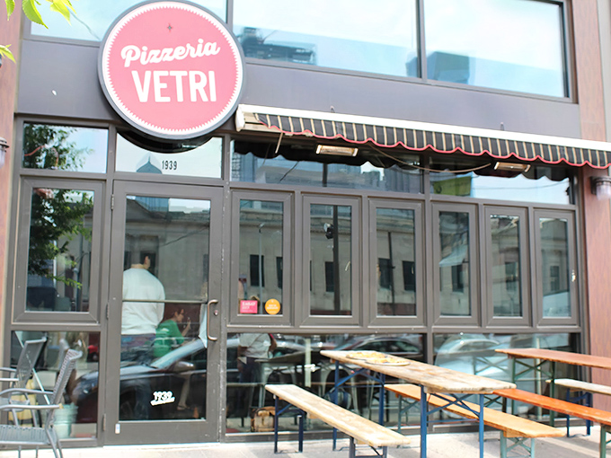 Pizzeria Vetri&rsquo;s pink sign and outdoor benches promise a perfect Philly afternoon&mdash;with a slice of heaven on every plate.