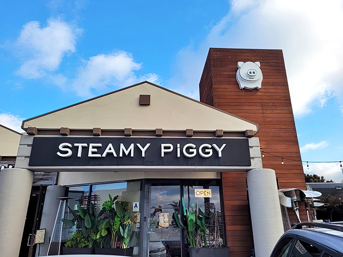 The adorable piggy logo perched atop this wooden tower isn't just cute&mdash;it's a beacon calling hungry souls to San Diego's dumpling paradise.