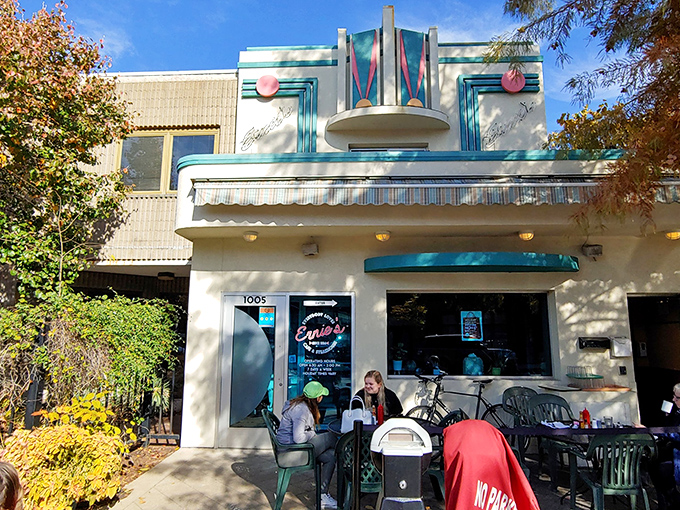 Art deco meets comfort at Ernie's, where the turquoise facade and vintage signage transport you to a simpler time of honest dining.