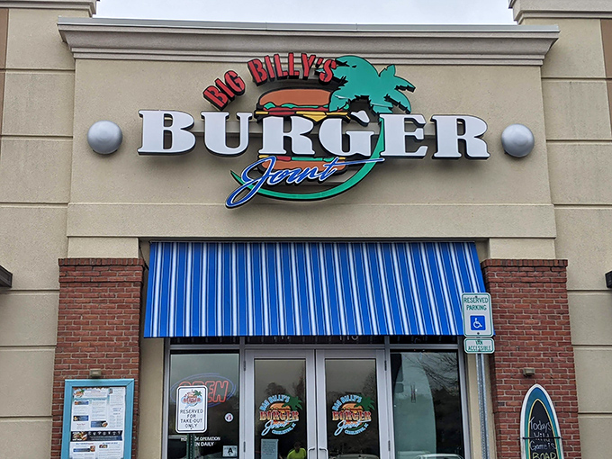 A closer look at burger paradise headquarters. That blue and white awning isn't just decoration—it's a beacon signaling "abandon diet plans, all ye who enter here."