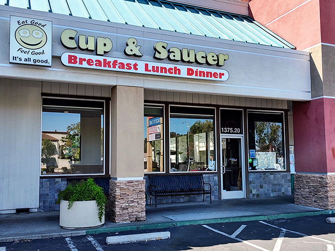 The iconic teal roof of Cup & Saucer beckons hungry travelers like a breakfast lighthouse in a sea of Silicon Valley startups.