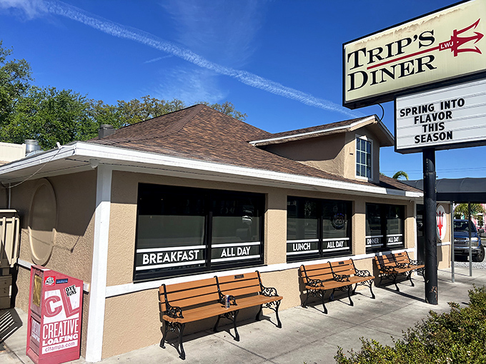 The unassuming exterior of Trip's Diner promises no frills, just thrills for your taste buds. Those wooden benches have witnessed countless food comas.