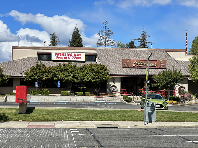 The classic Western facade of Cattlemens stands proudly against the California sky, promising carnivorous delights within those wooden walls.