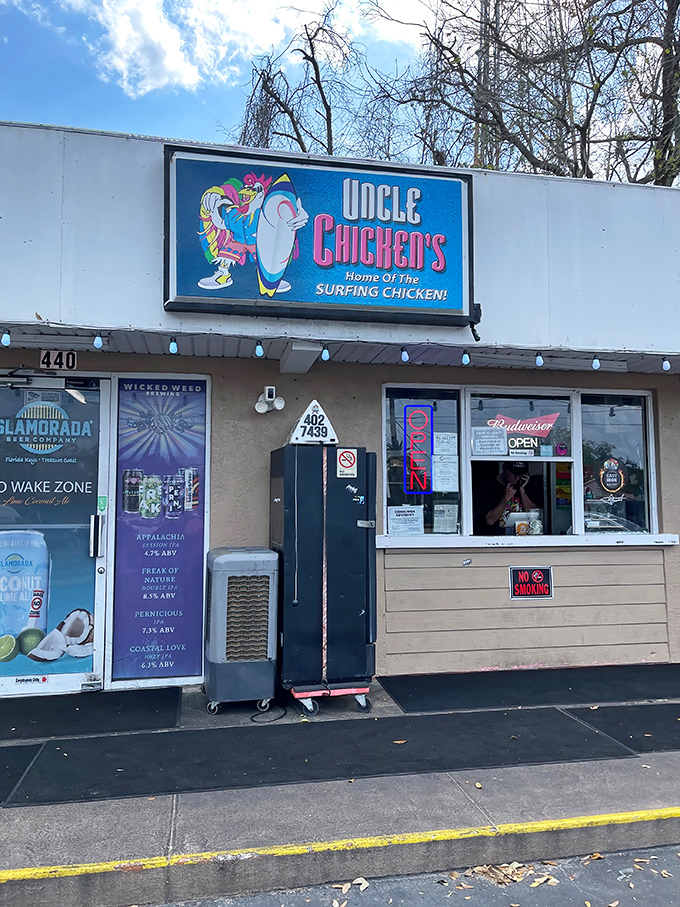Uncle Chicken's sign proudly proclaims it's the "Home of the Surfing Chicken" &ndash; because in Florida, even the poultry knows how to hang ten.