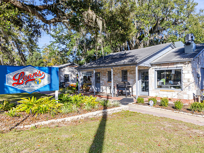 Leon's blue sign welcomes you like an old friend, promising culinary treasures inside this charming stone cottage.