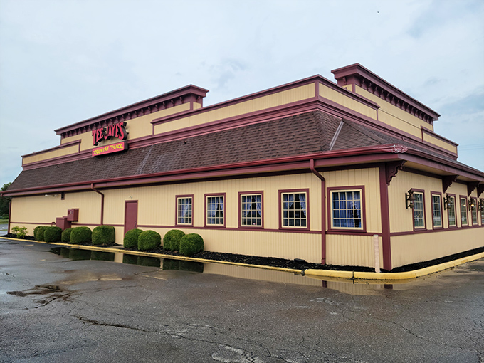 The iconic cream and burgundy exterior of Tee Jaye's stands like a beacon of breakfast hope on even the cloudiest Ohio day.