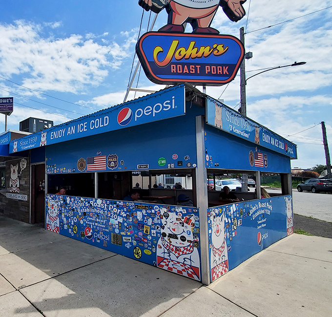 That cheerful pig mascot isn't just decoration &ndash; it's practically guaranteeing the sandwich magic happening below.